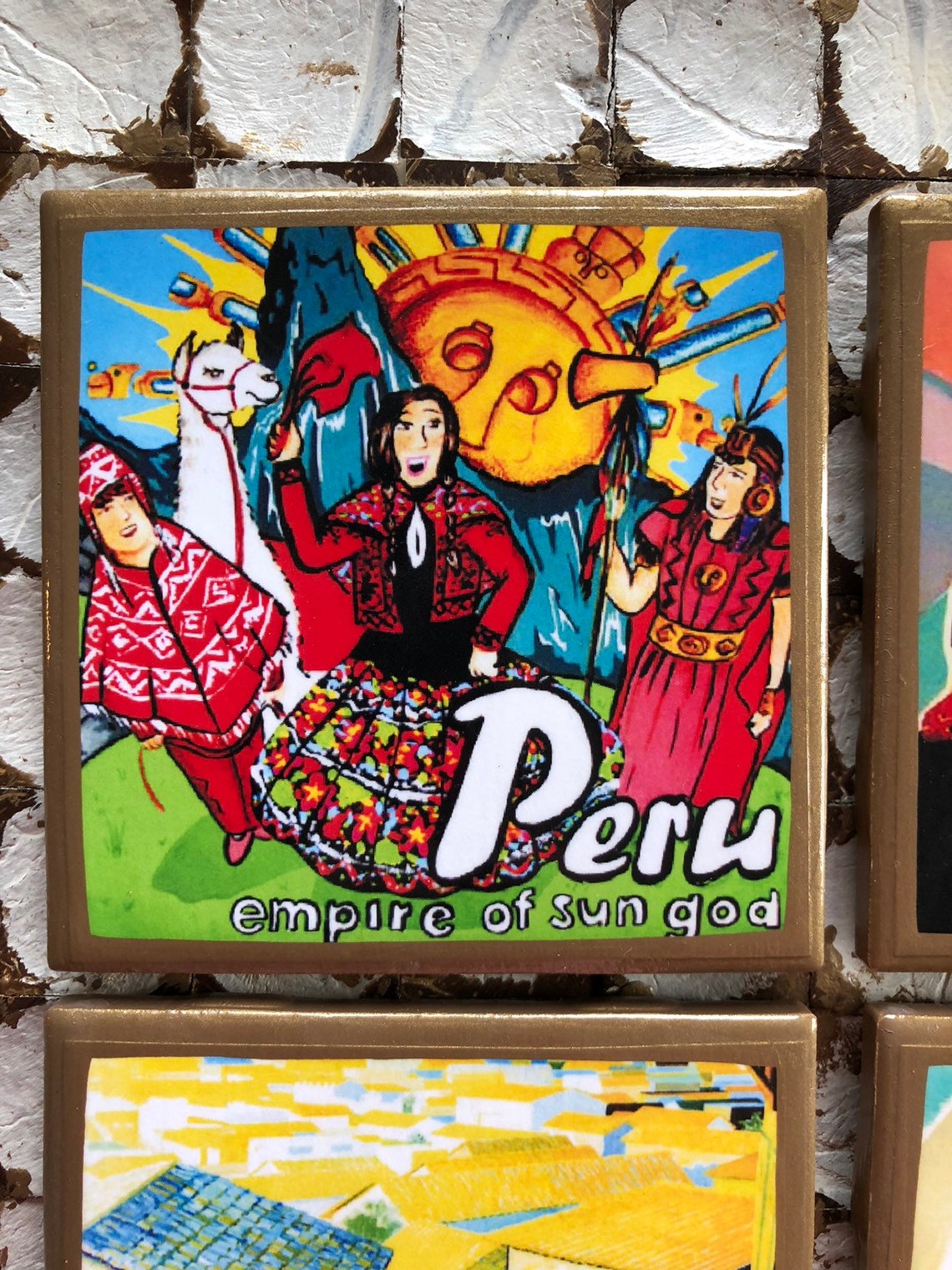 COASTERS Vintage Peru Travel Poster Coasters With Gold Trim - Etsy
