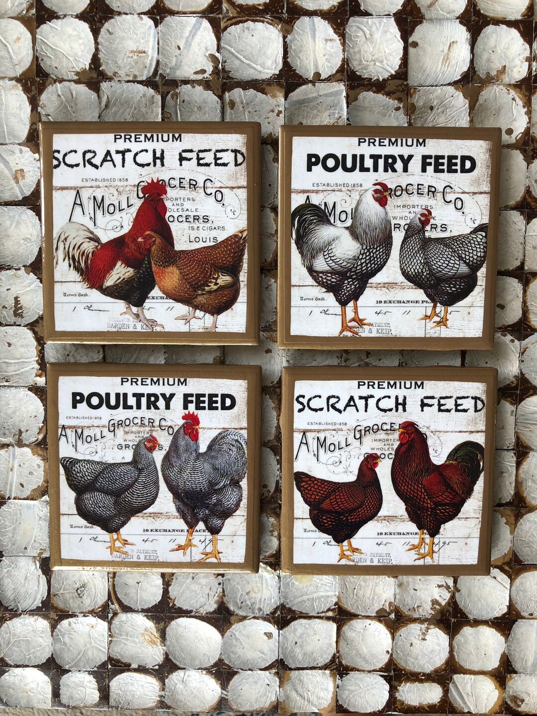 COASTERS! Chickens and Roosters Farmhouse Style Coasters With Gold Trim ...