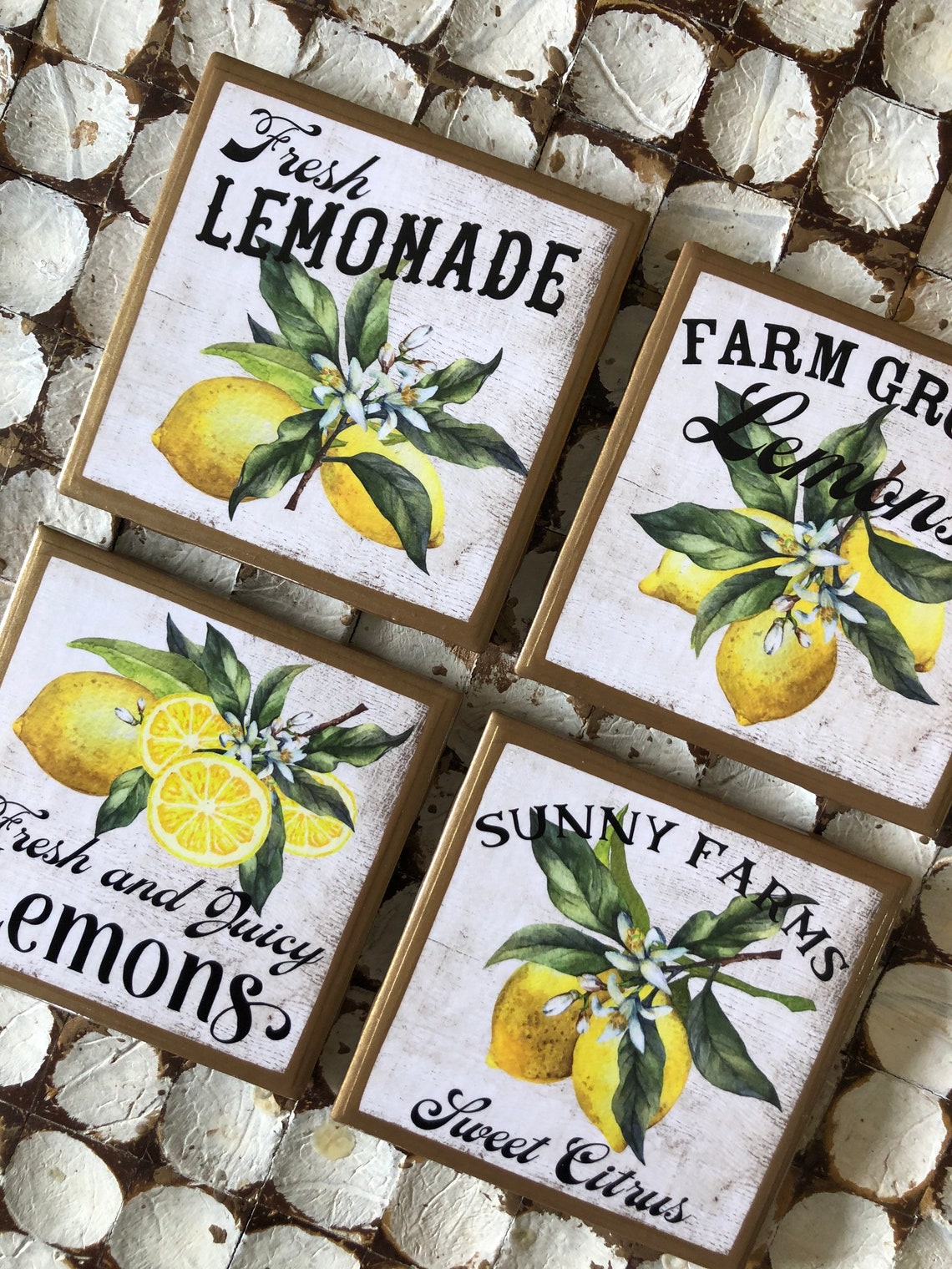 COASTERS! Farmhouse Inspired Lemon Coasters With Gold Trim - Etsy