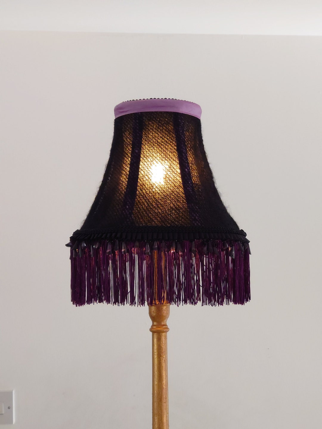 Victorian Lampshade in Black Wool Violet Silk W/ Purple Fringe & Bead ...
