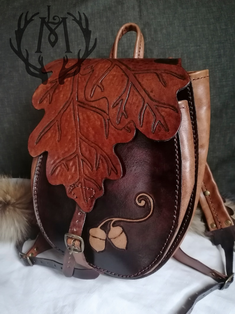 La Quercia Backpack, Genuine Leather - Oak Leaves and Acorns - Handmade ...