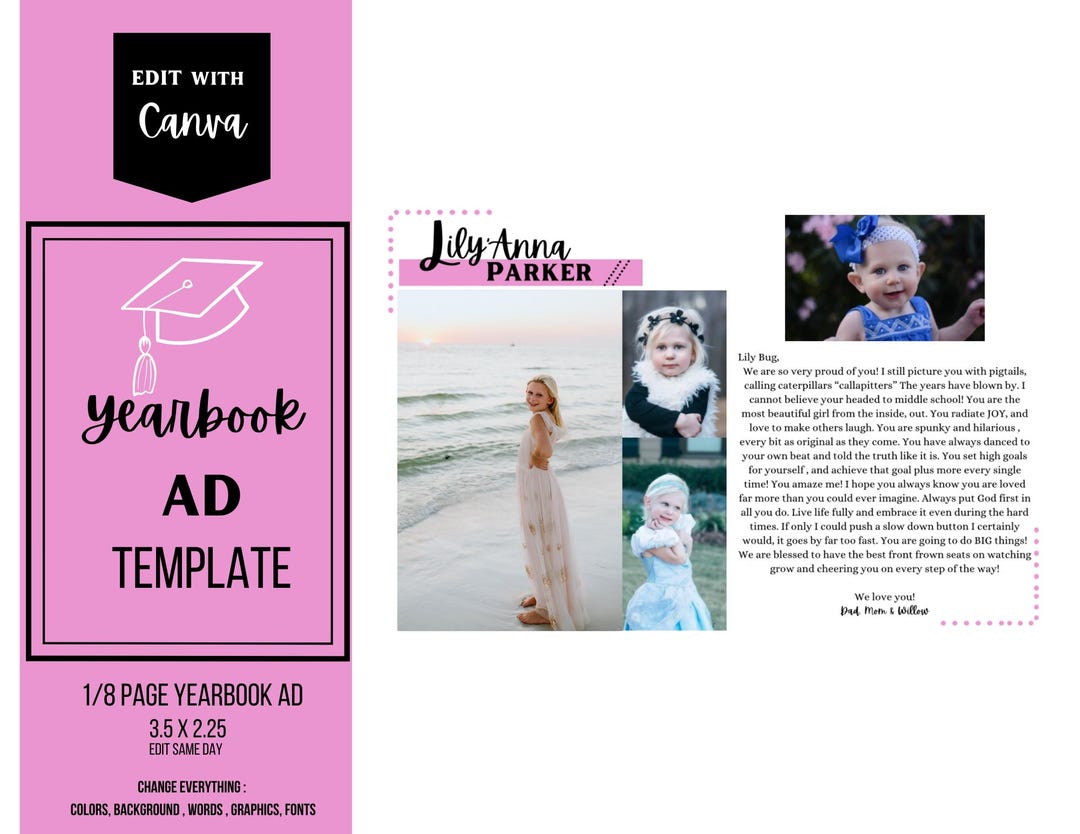 YEARBOOK AD 1/8th Page Landscape CANVA, Editable Template Elementary ...