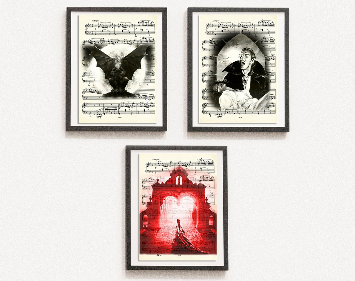 Print Set of 3 Beautiful Gothic, Music Sheet, Drawn Illustration ...