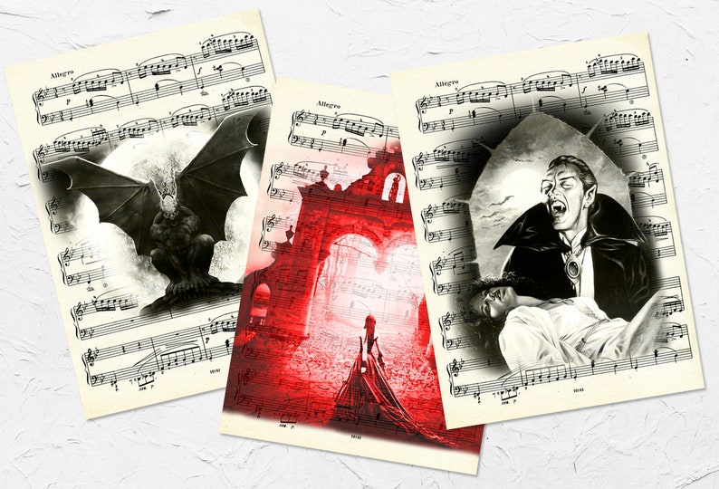 Print Set of 3 Beautiful Gothic, Music Sheet, Drawn Illustration ...