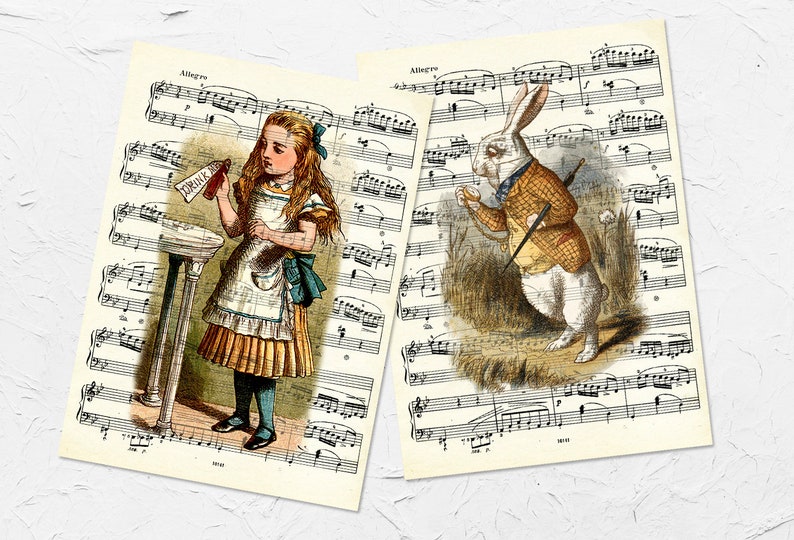 Print Set of 5 Alice in Wonderland, Music Sheet, Mad Hatter, Drawn ...