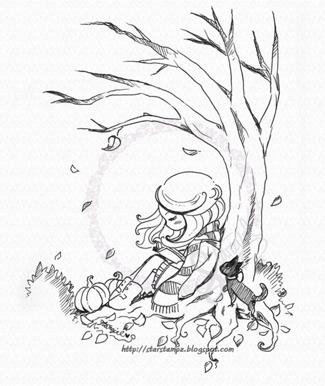 Autumn Fall Girl Reading DIGITAL STAMP Instant Download - Etsy