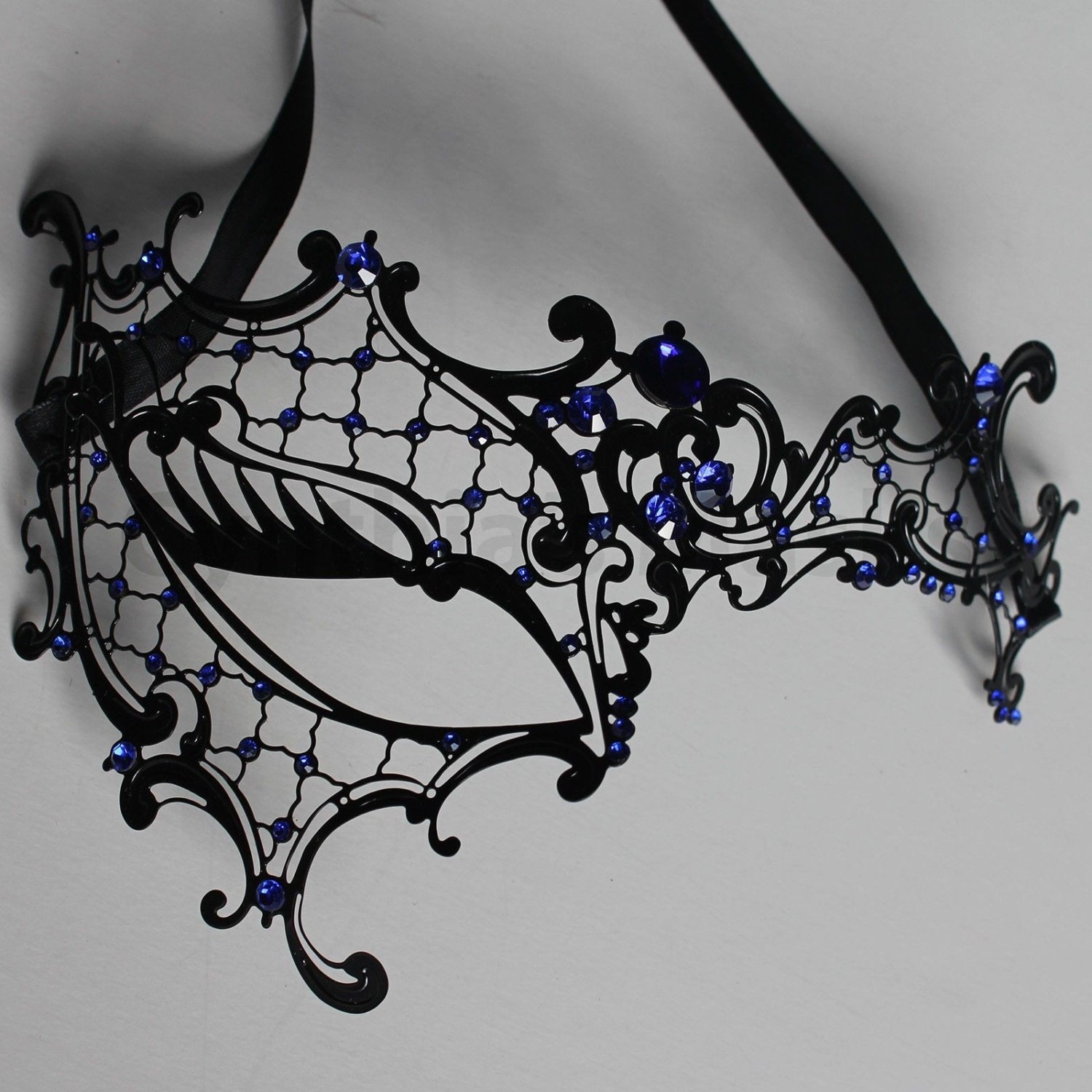 Black Laser Cut Venetian Phentom Mask Masquerade W/ Blue | Etsy