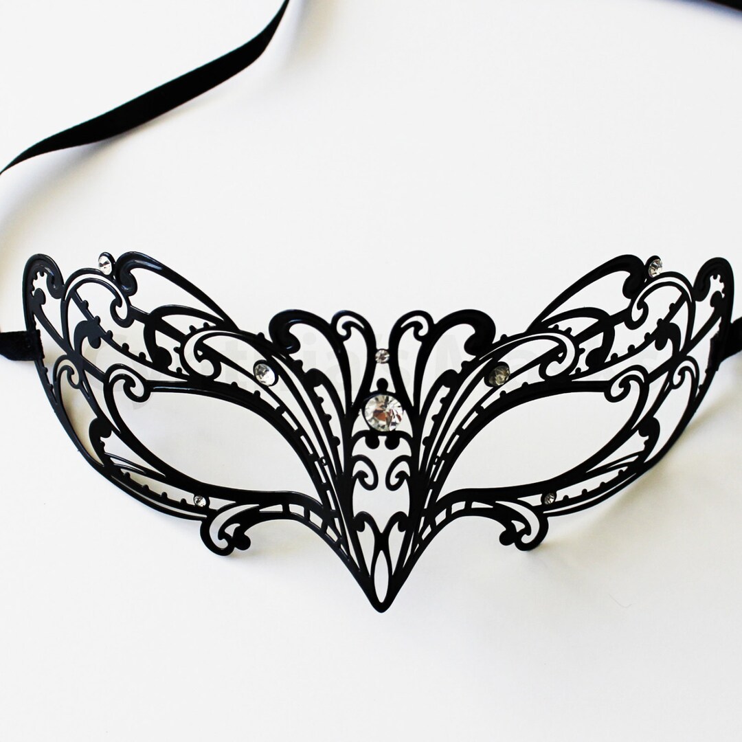 Black Laser Cut Venetian Filigree Mask Masquerade W/ Clear Rhinestones ...