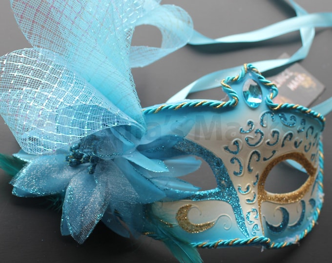 Aqua Floral Pvc Venetian Masquerade Mask for Wedding, Dancing, Parties ...