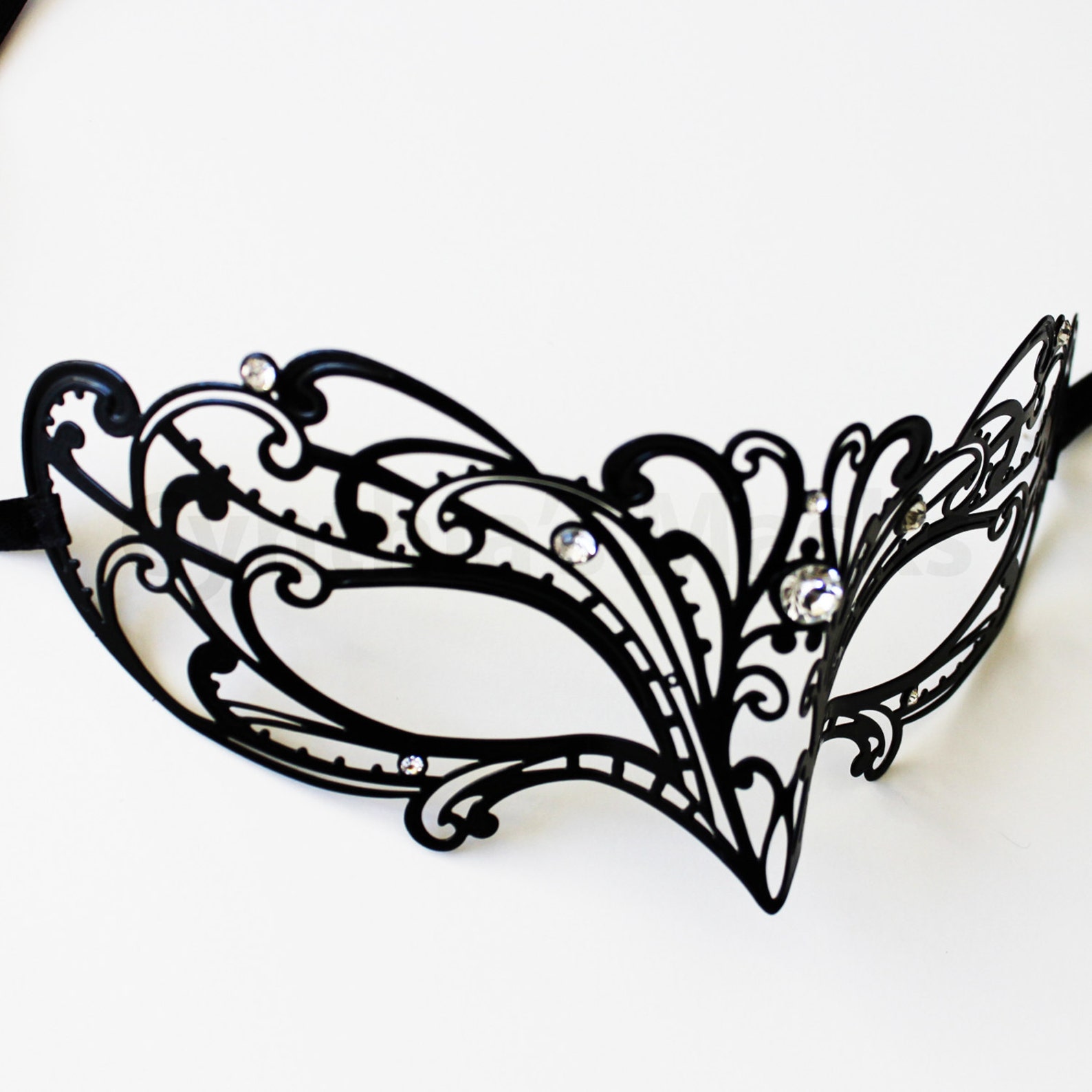Black Laser Cut Venetian Filigree Mask Masquerade W/ Clear Rhinestones ...