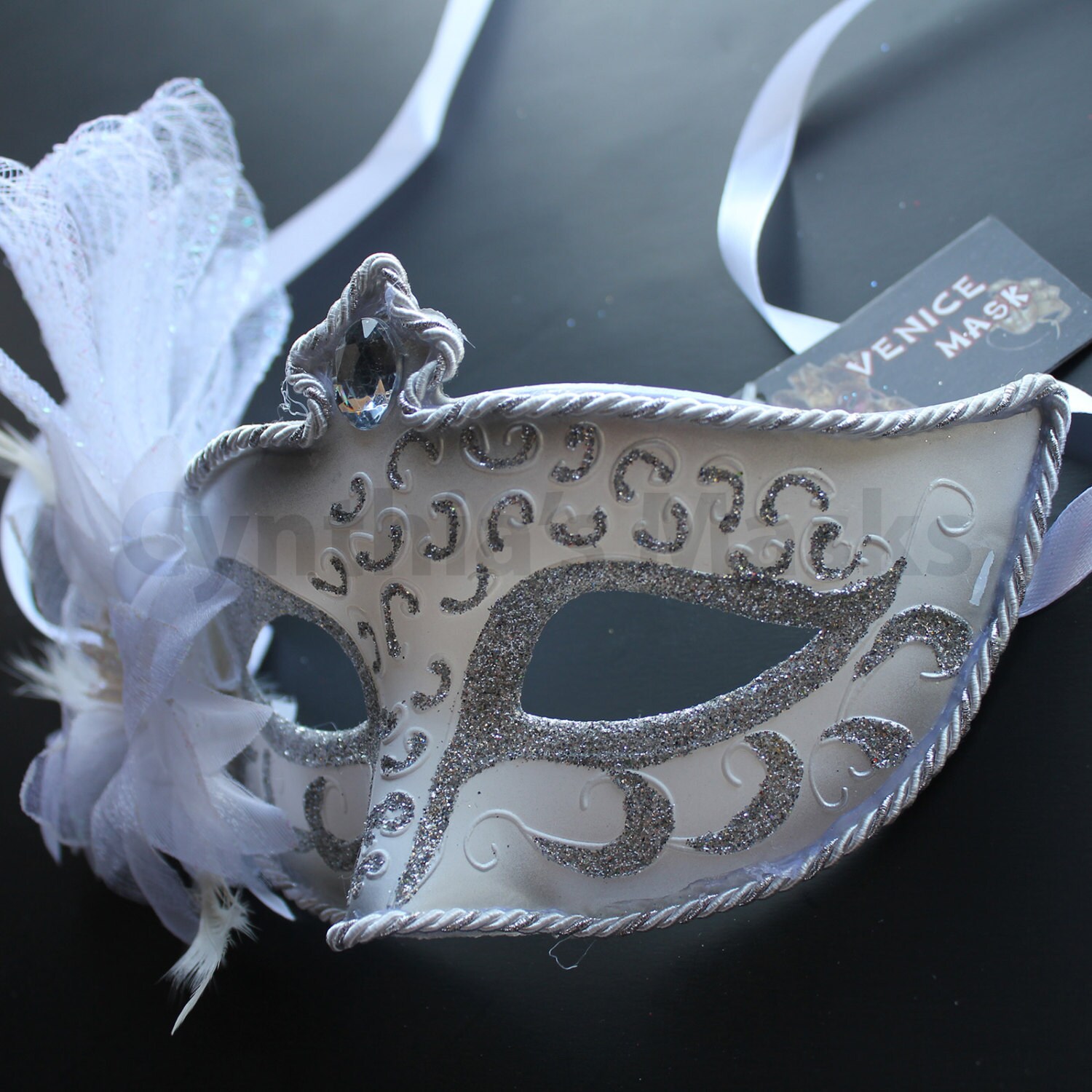 White Floral Pvc Venetian Masquerade Mask for Wedding, Dancing, Parties ...