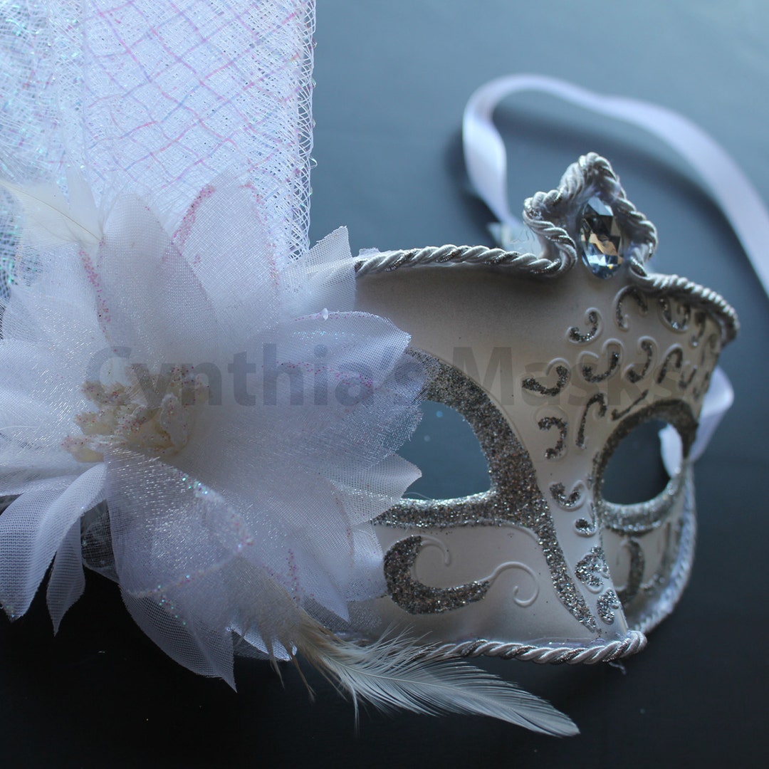 White Floral Pvc Venetian Masquerade Mask for Wedding, Dancing, Parties ...
