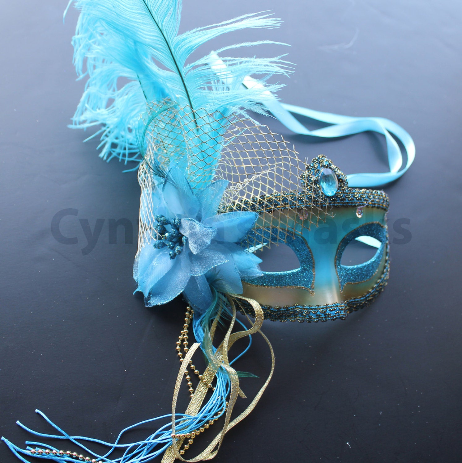 Aqua Star Venetian Ostrich Feather Mask for Wedding Masquerade 5D5A SKU ...