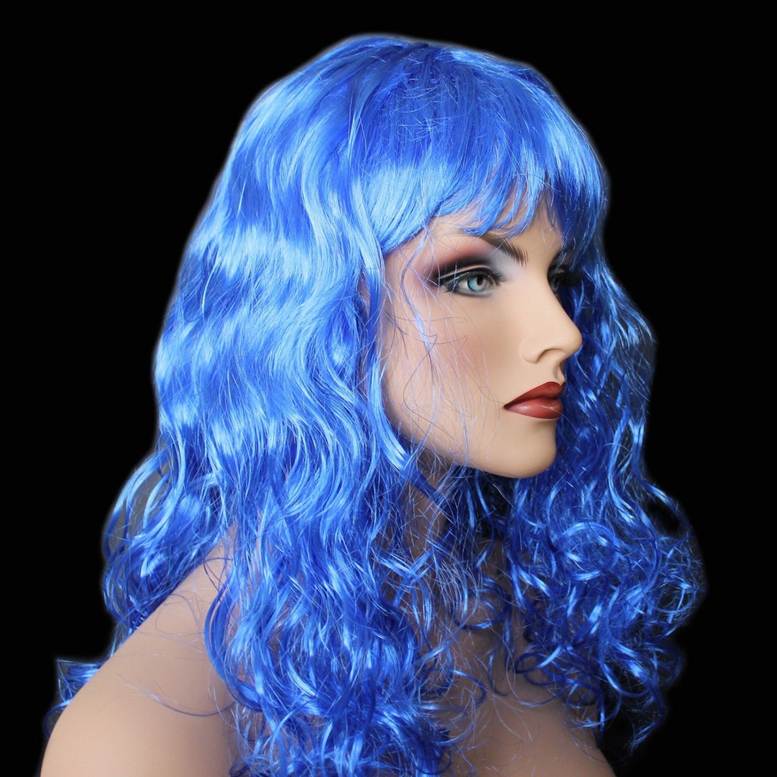 18" Long Royal Blue Synthetic Curly Wavy Hair Wig for Cosplay Party ...