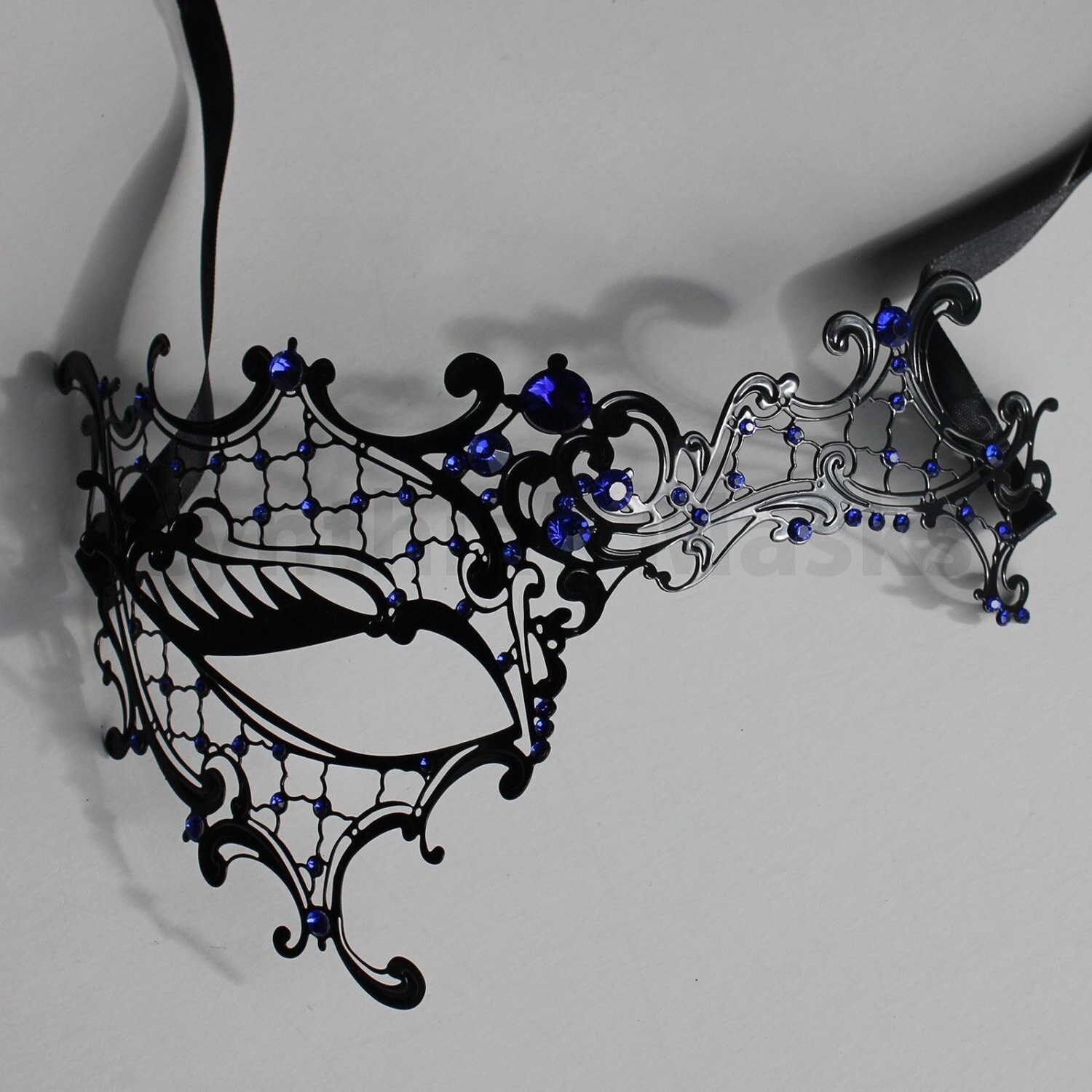 Black Laser Cut Venetian Phentom Mask Masquerade W/ Blue | Etsy