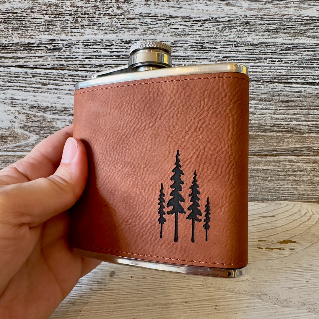 Brown Leather Stamped Flask, Elegant Leather Flask, Forest Flask, Pine ...