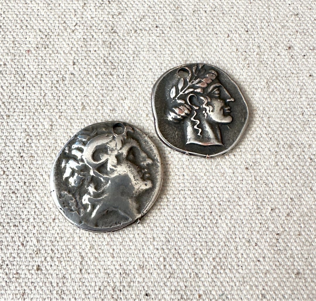 Two Greek God Sterling Silver Coins Pendants, Oxidised Silver Ancient ...