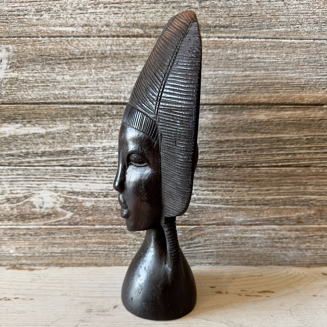 African Head Sculpture Hand Carved Wood, Decorative Primitive Style ...