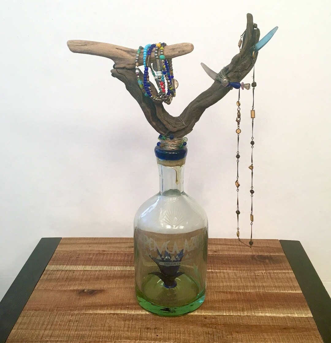 Jewelry Tree Stand, Glass and Wood, Upcycled Tequila Bottle and Drift ...