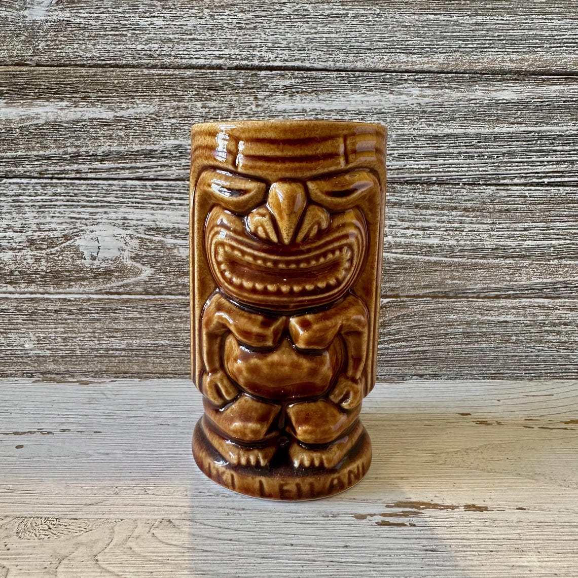 Vintage 70's Ceramic Tiki Cup, Brown Glazed Tiki Mug, Collectible Pottery, Tiki Leilani Double ...