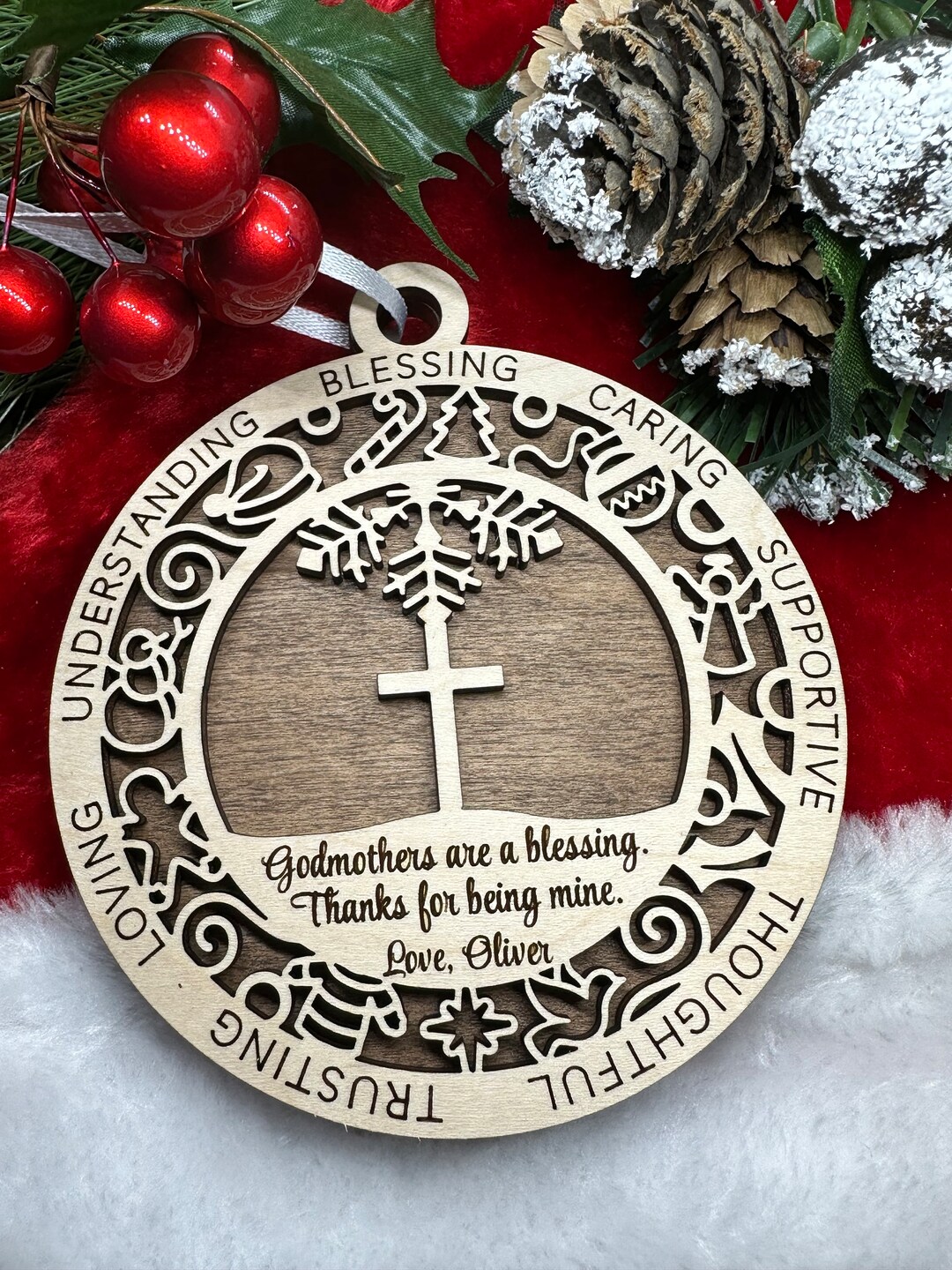 Ornament Cross Godparents Custom Name Message Personalized Laser Cut ...