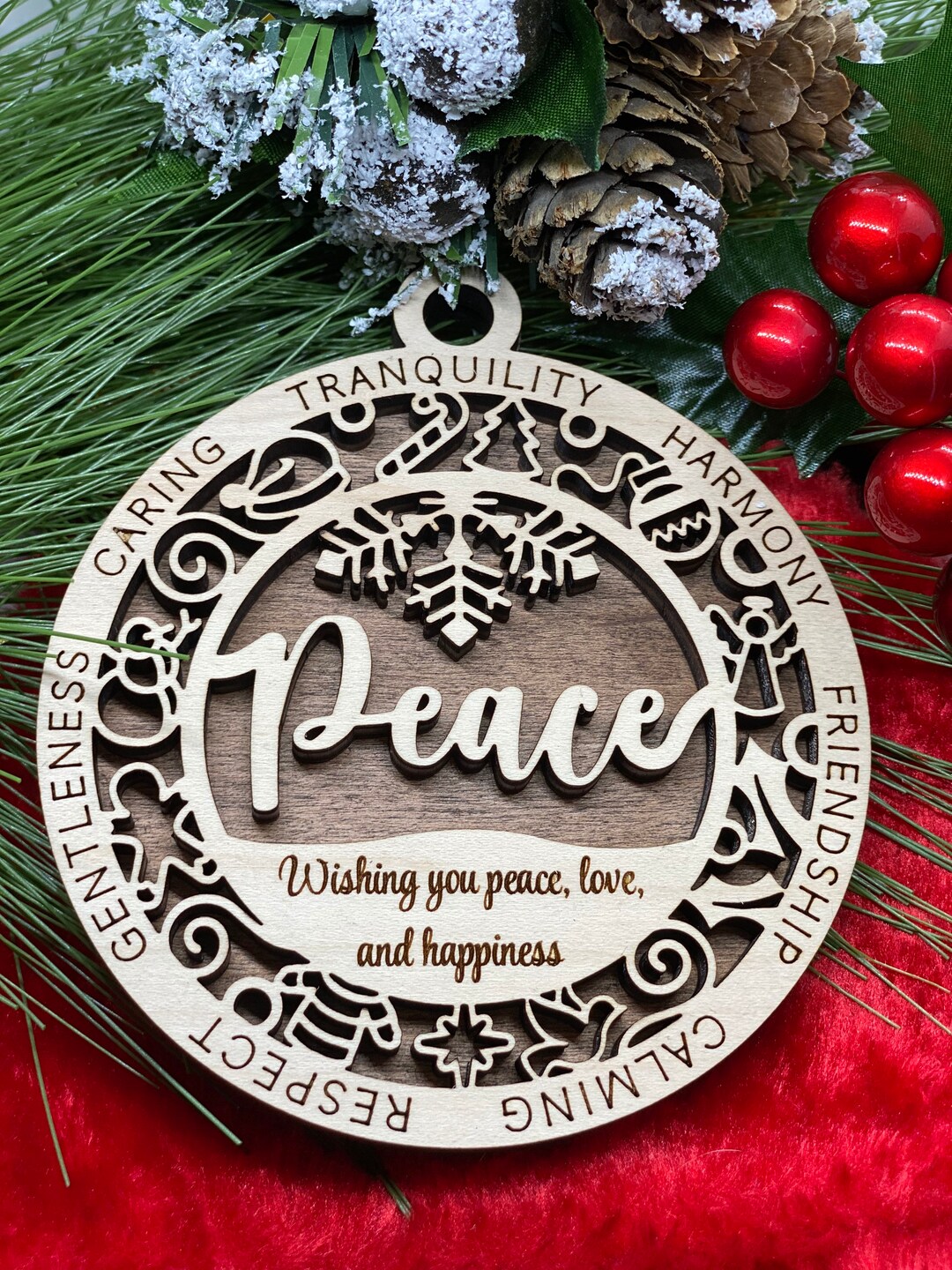 Ornament Custom PEACE Name Year or Personalized Message Laser Cut Wood ...