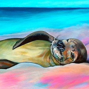 Hawaiian Monk Seal Art Print, Kauai Beach Painting, Protected Wildlife ...