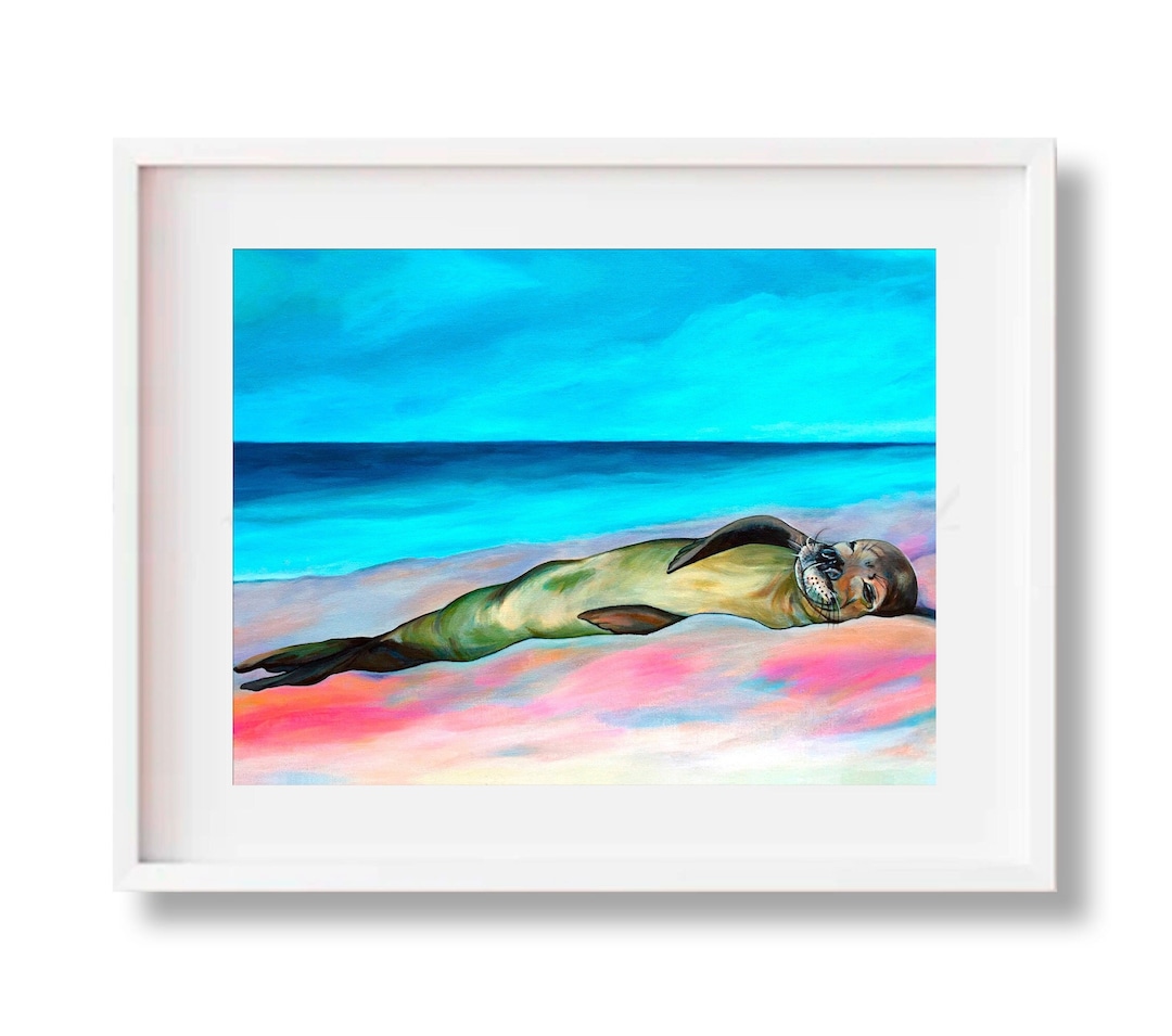 Monk Seal Print, Hawaiian Seal Painting, Kauai Beach Art, Poipu Beach ...