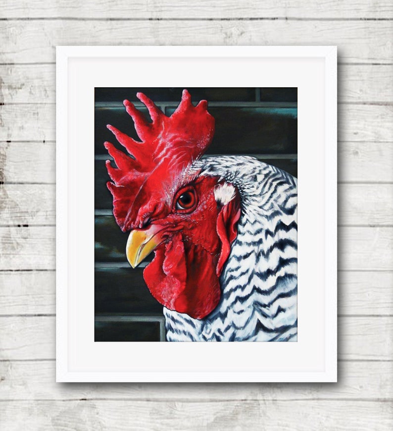 Rooster Art Print Red Eye B&W Chicken Kitchen Décor Modern | Etsy