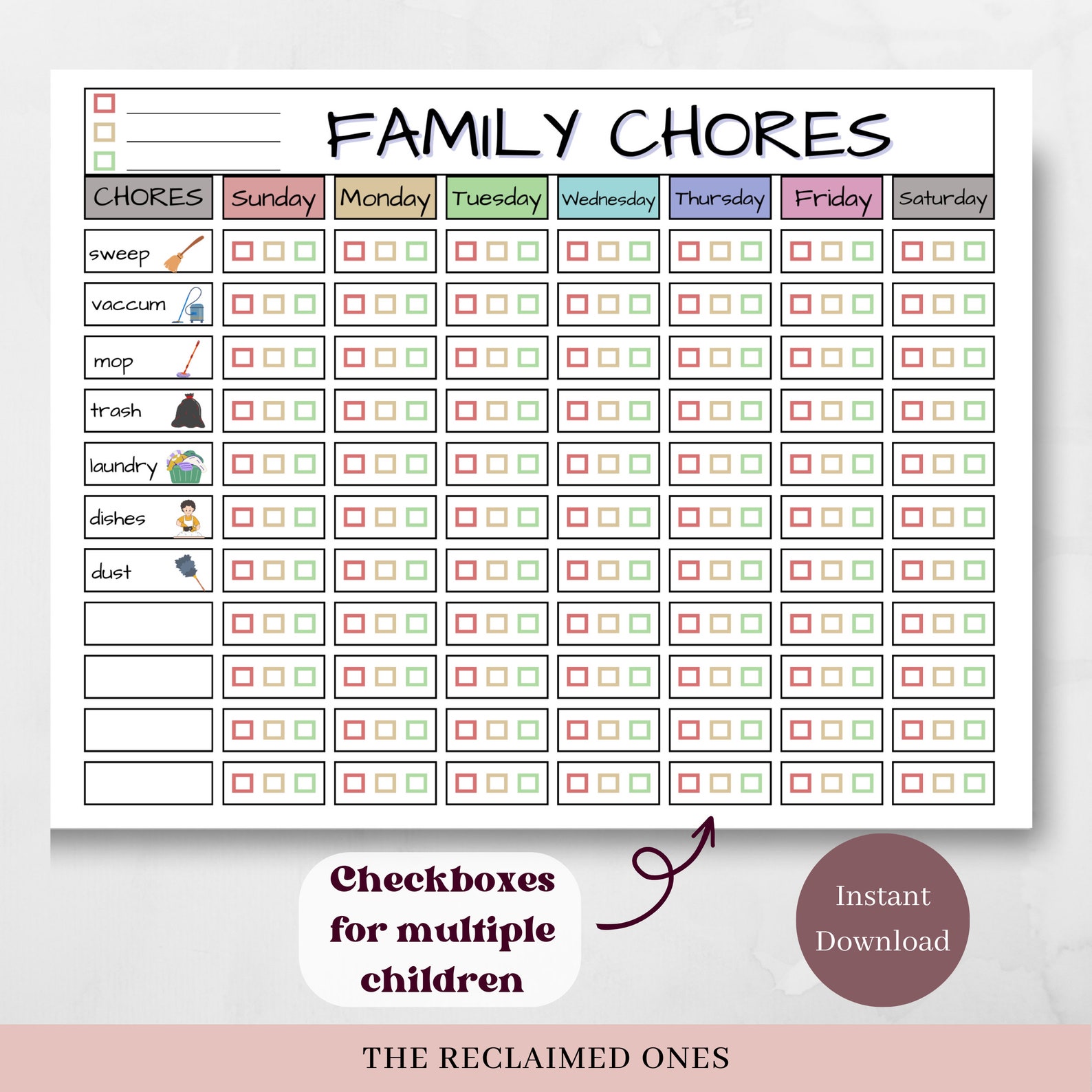 Printable Kids Chore Chart for Multiple Children Weekly Chore Charts ...