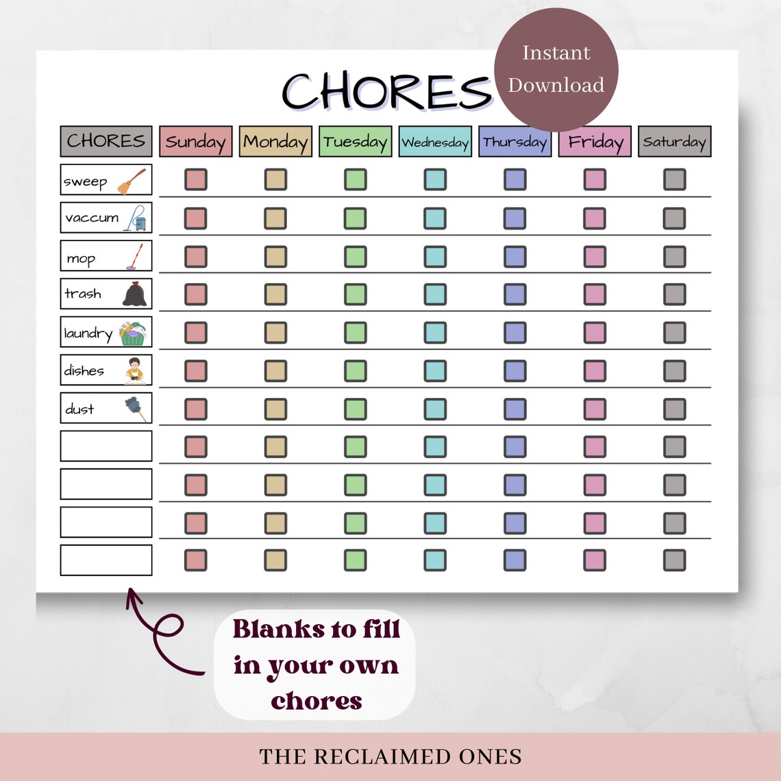 Printable Kids Chore Chart for Multiple Children Weekly Chore Charts ...