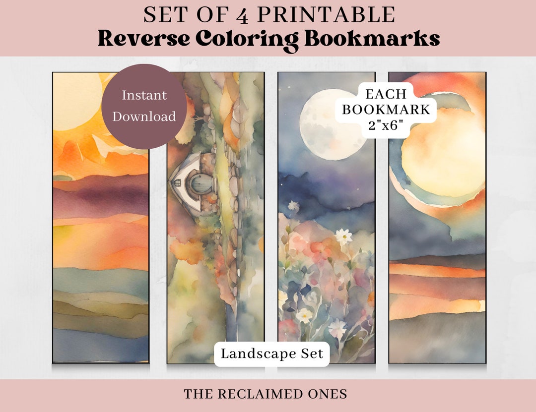 Printable Reverse Coloring Bookmarks Set of 4 Landscape Sunset Moon ...