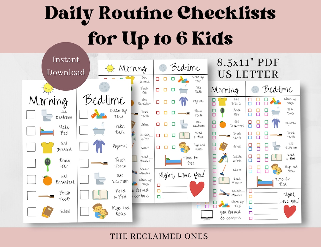 Printable Kids Daily Routine Chart for Multiple Kids Morning Bedtime ...
