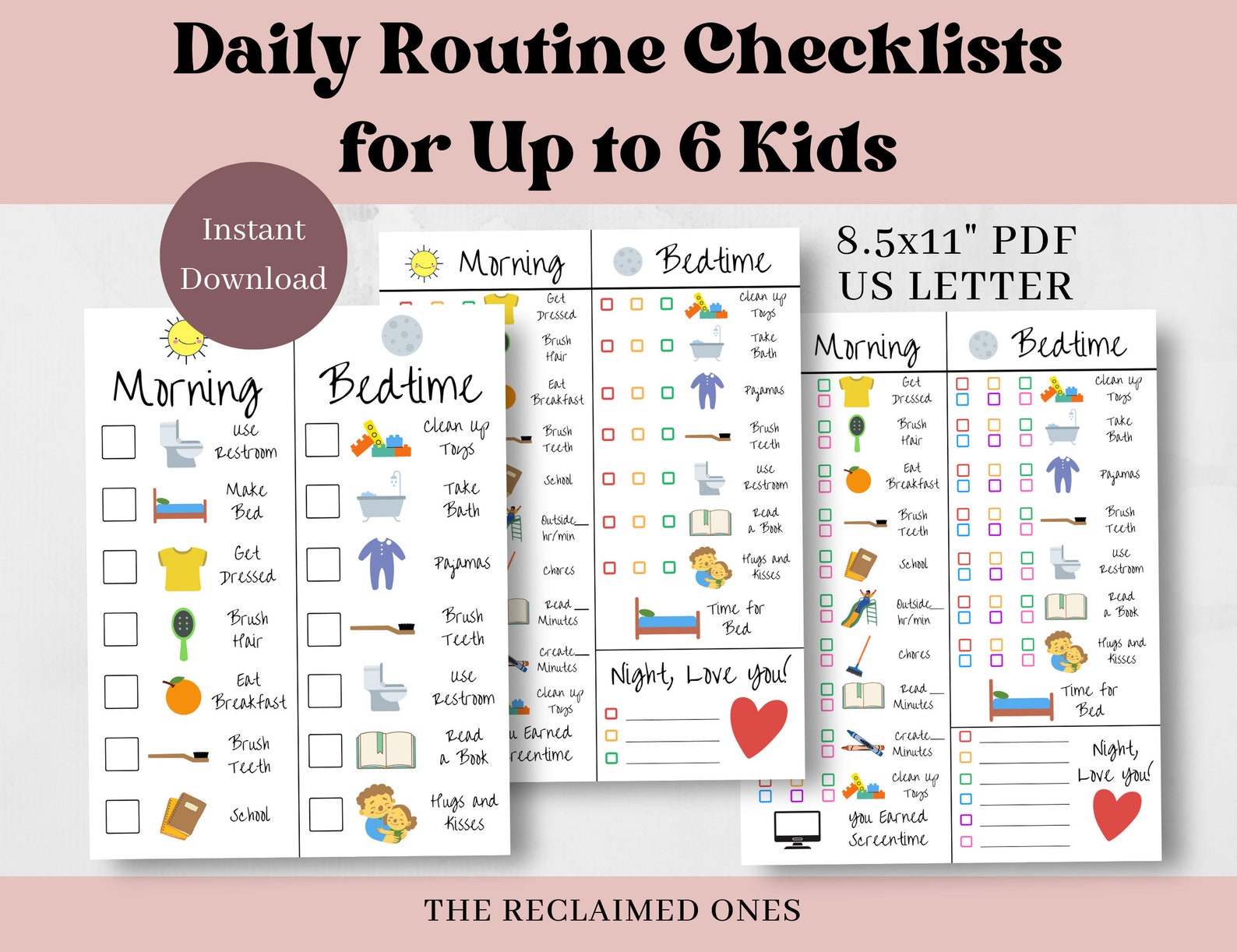 Printable Kids Daily Routine Chart for Multiple Kids Morning Bedtime ...
