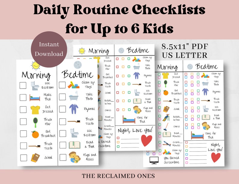 Printable Kids Daily Routine Chart for Multiple Kids Morning Bedtime ...