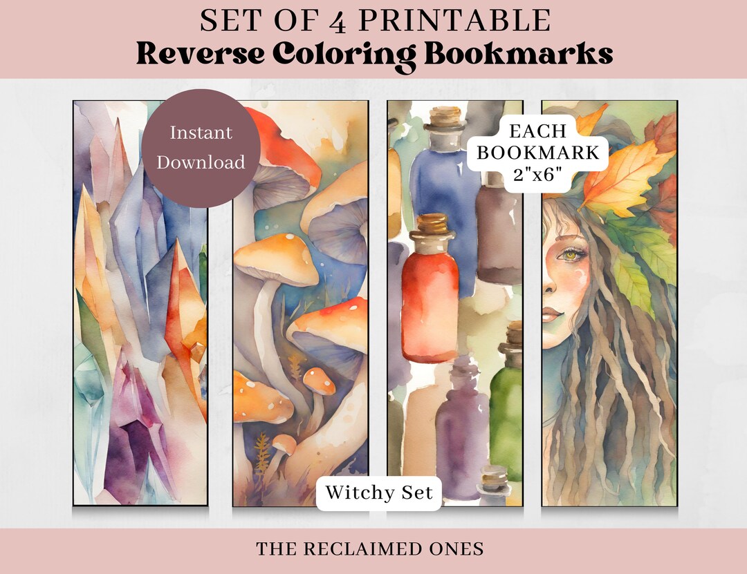 Printable Reverse Coloring Bookmarks Set of 4 Witch Bookmarks Hippie ...