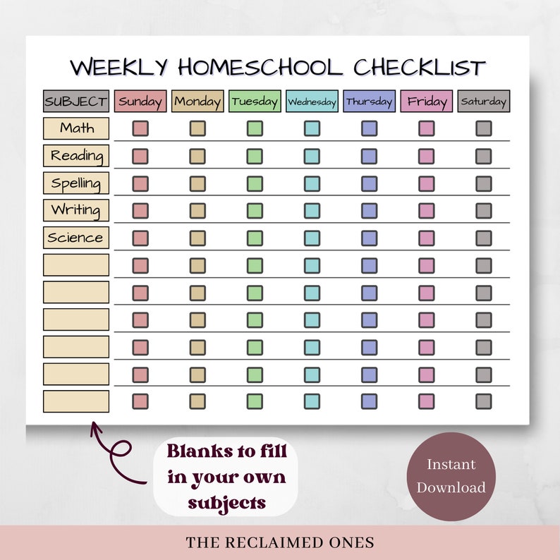 Printable Homeschool Checklist for Multiple Children Weekly Document ...