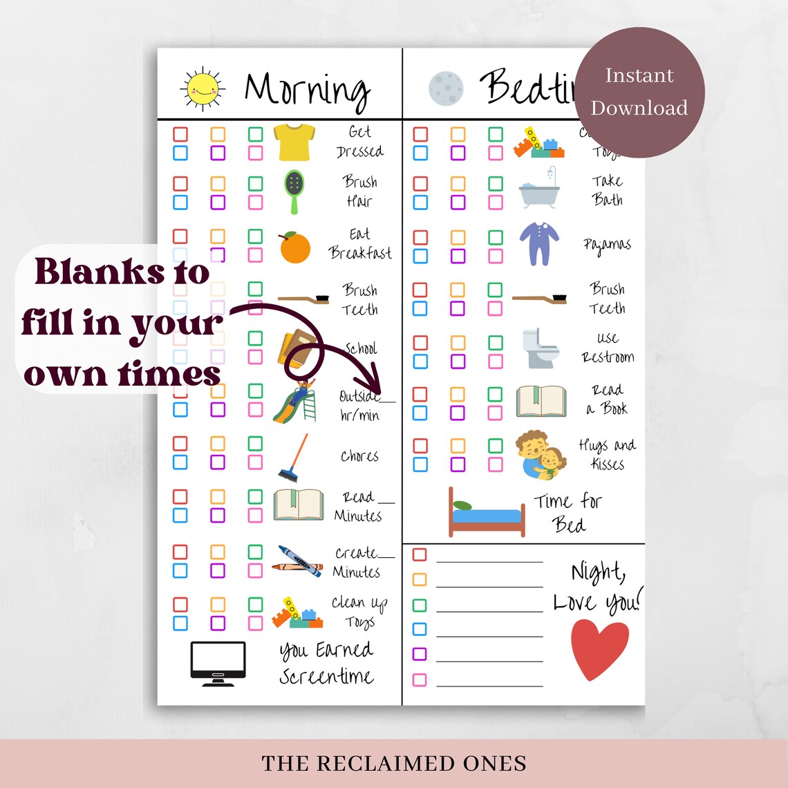 Printable Kids Daily Routine Checklist for Multiple Kids Morning ...