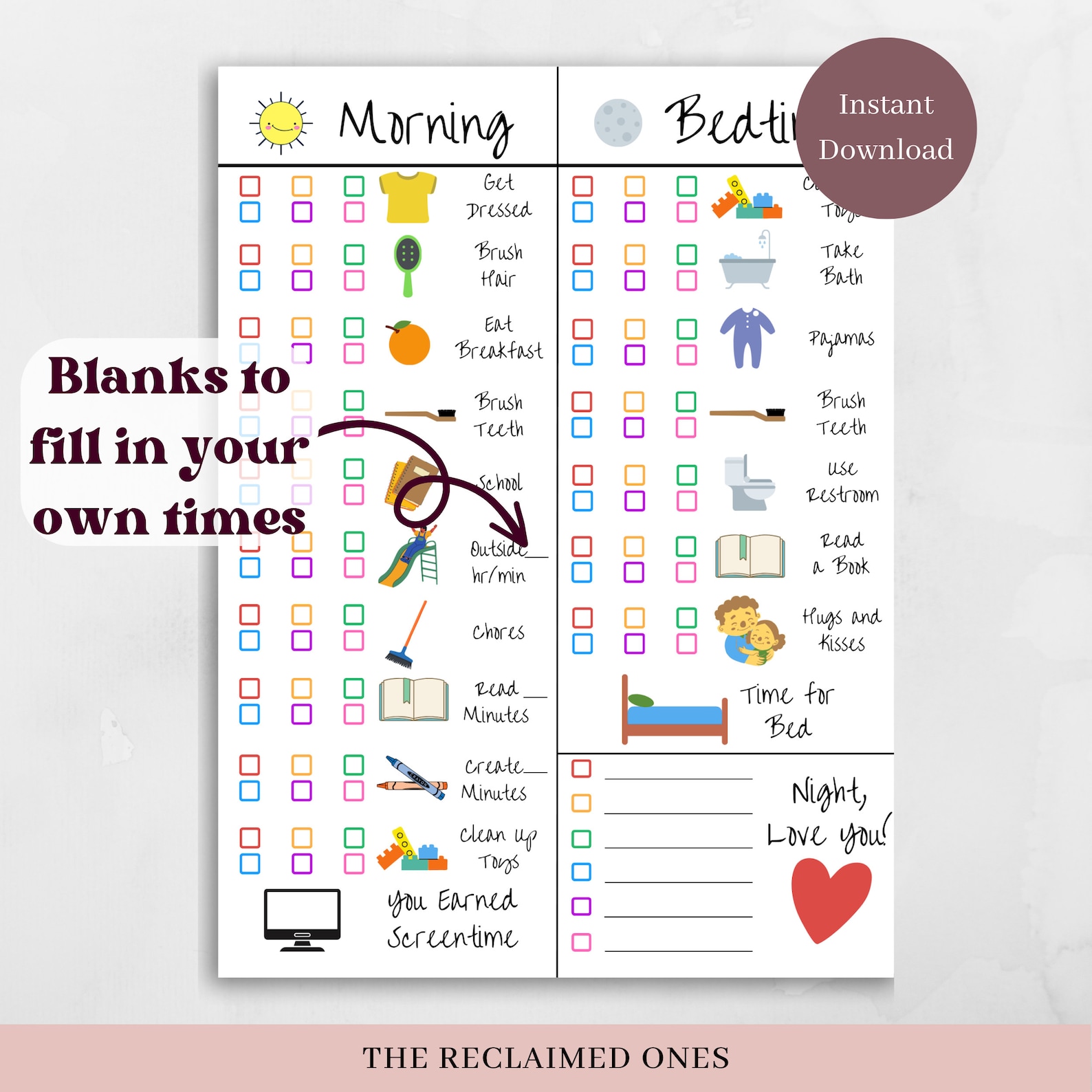 Printable Kids Daily Routine Chart for Multiple Kids Morning Bedtime ...