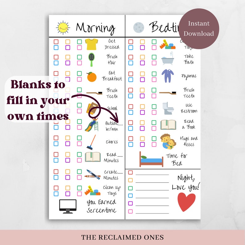 Printable Kids Daily Routine Chart for Multiple Kids Morning Bedtime ...