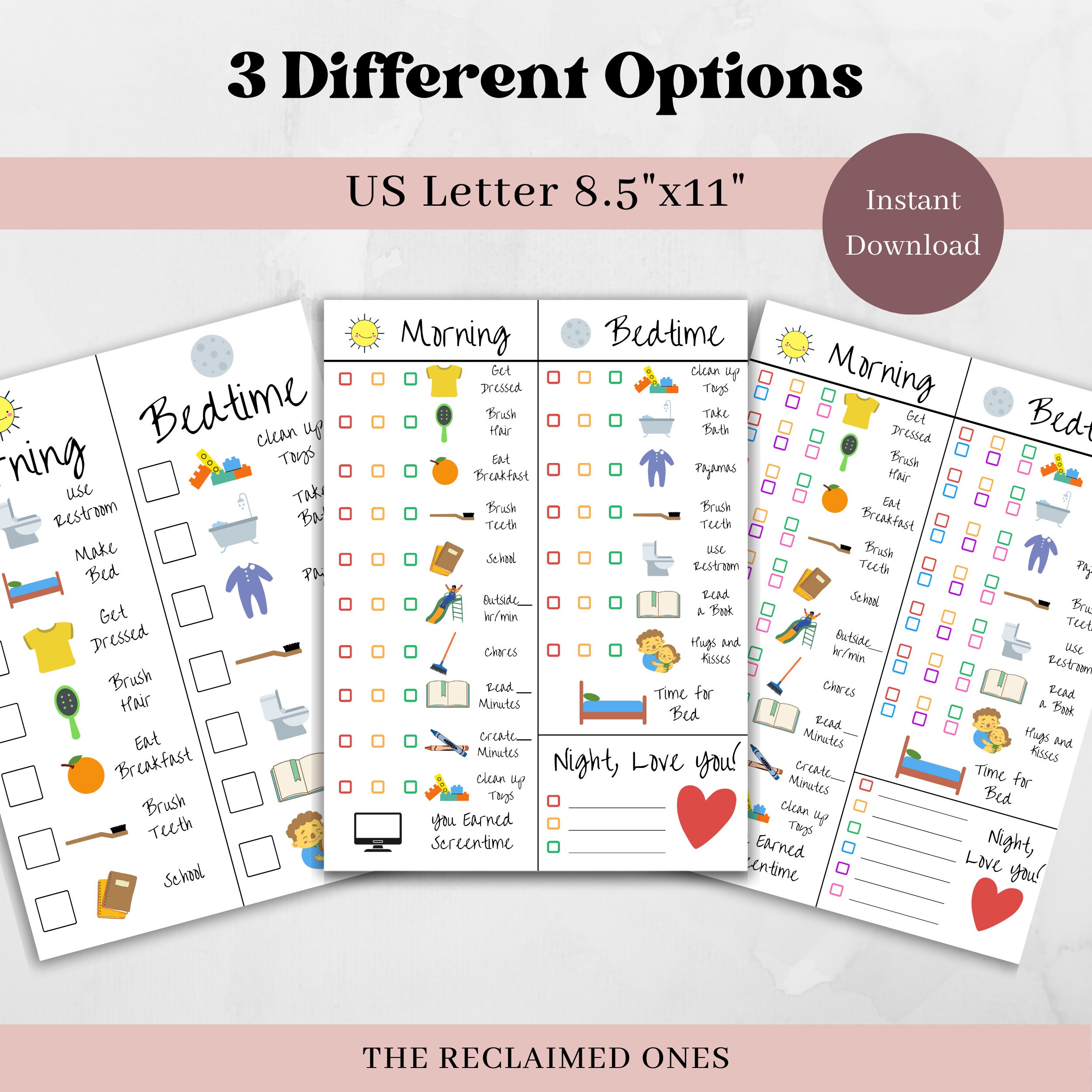 Printable Kids Daily Routine Chart for Multiple Kids Morning Bedtime ...