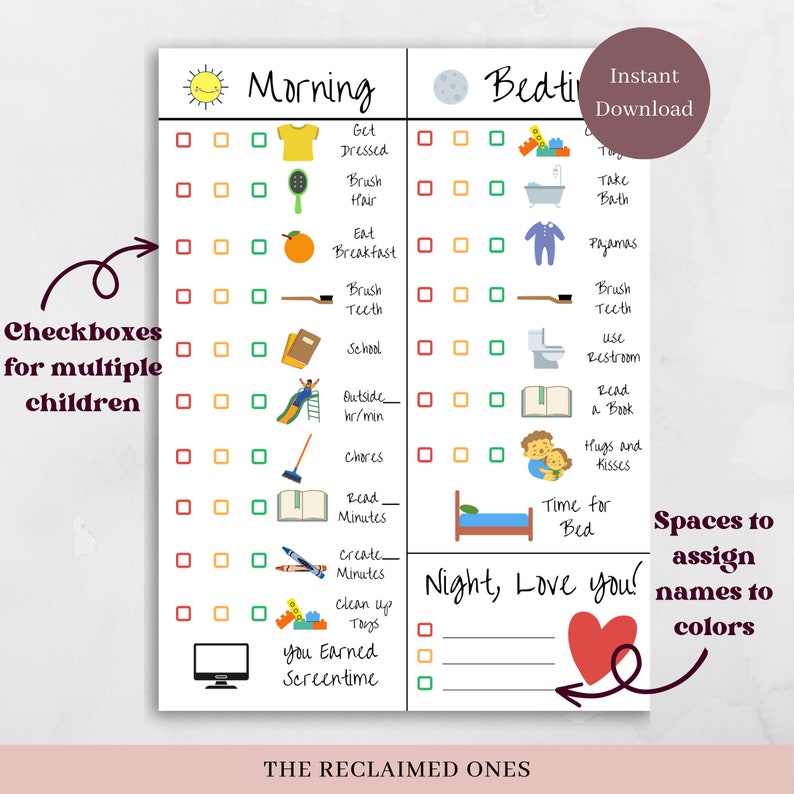 Printable Kids Daily Routine Chart for Multiple Kids Morning Bedtime ...