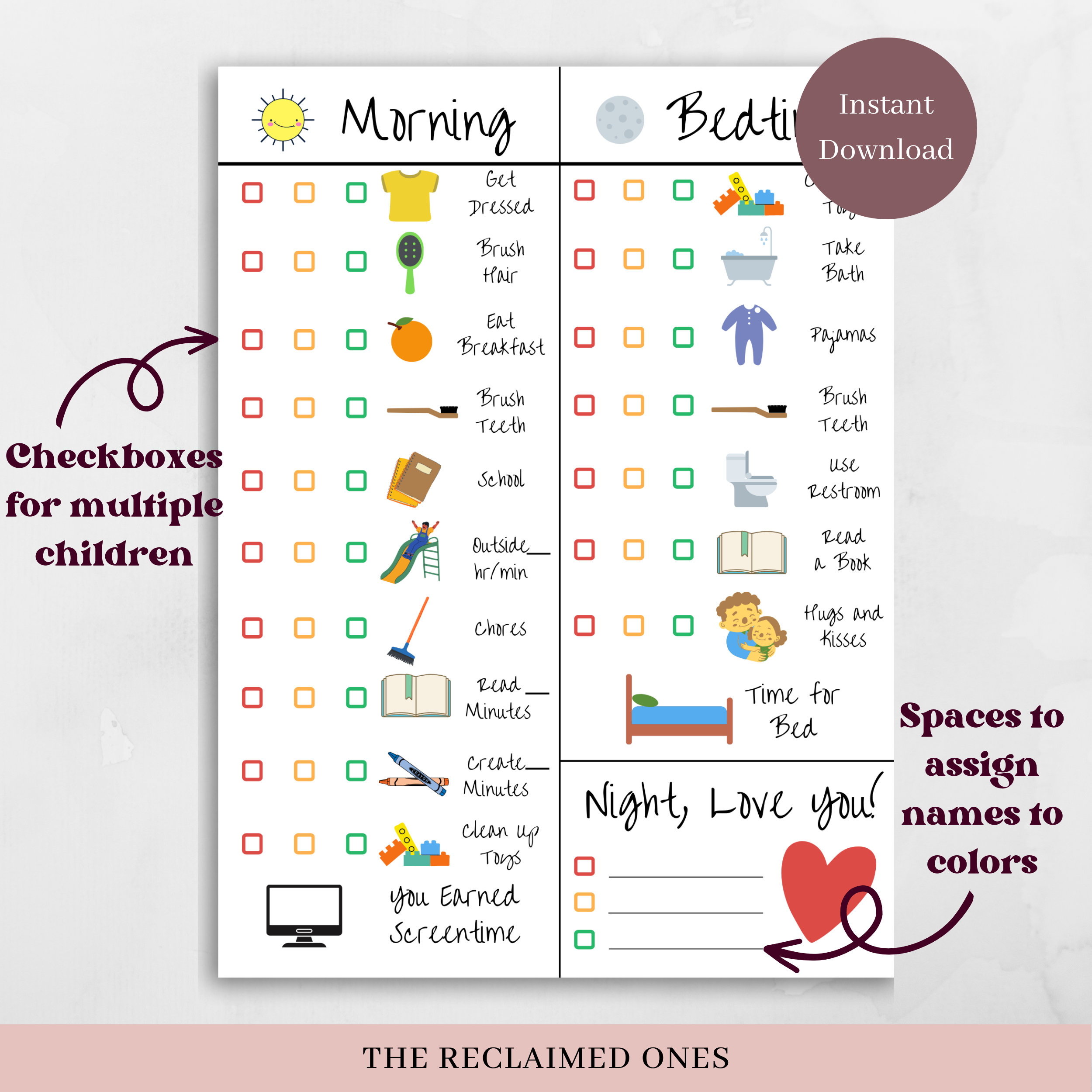 Printable Kids Daily Routine Chart for Multiple Kids Morning Bedtime ...