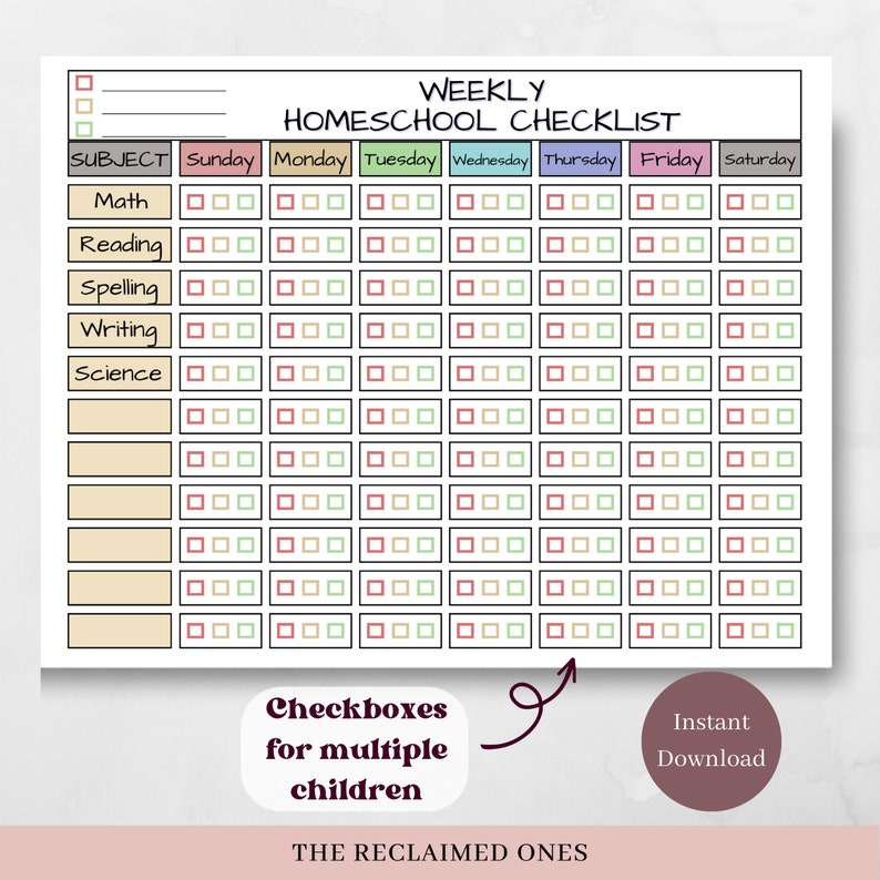 Printable Homeschool Checklist for Multiple Children Weekly Document ...