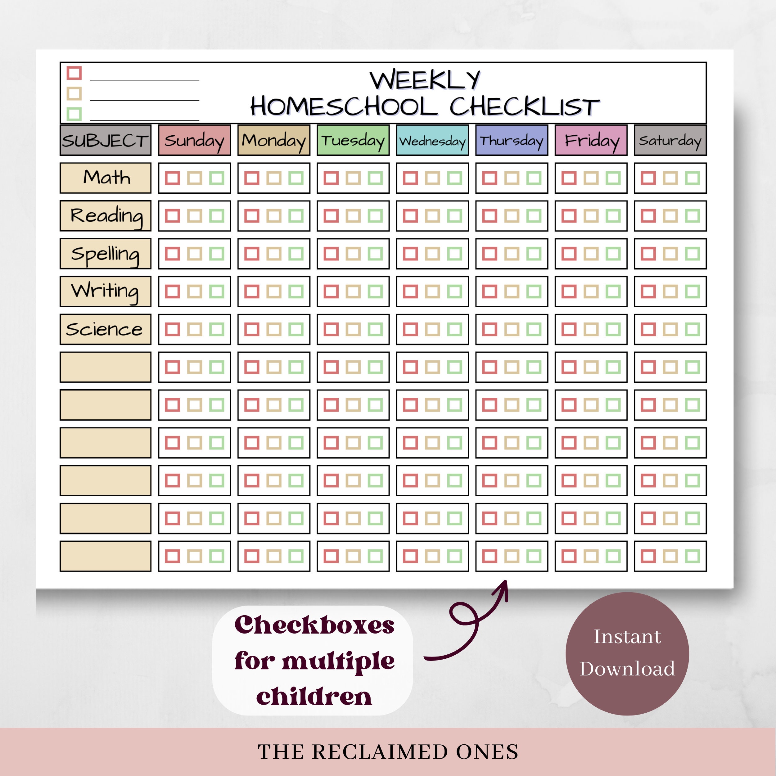Printable Homeschool Checklist for Multiple Children Weekly Document ...