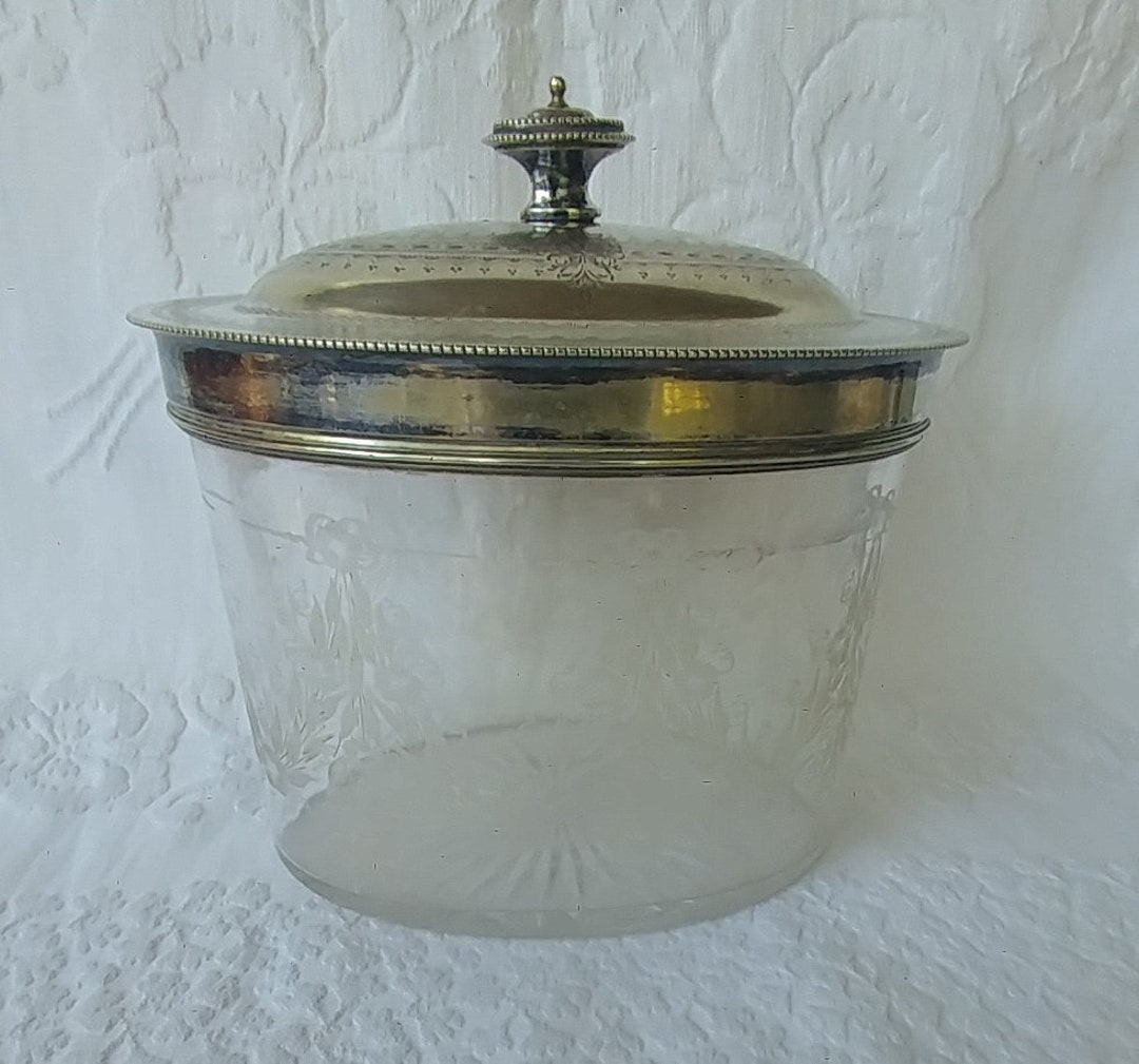 Antique Etched Crystal Cut Glass Biscuit Jar With Engraved Silverplate ...