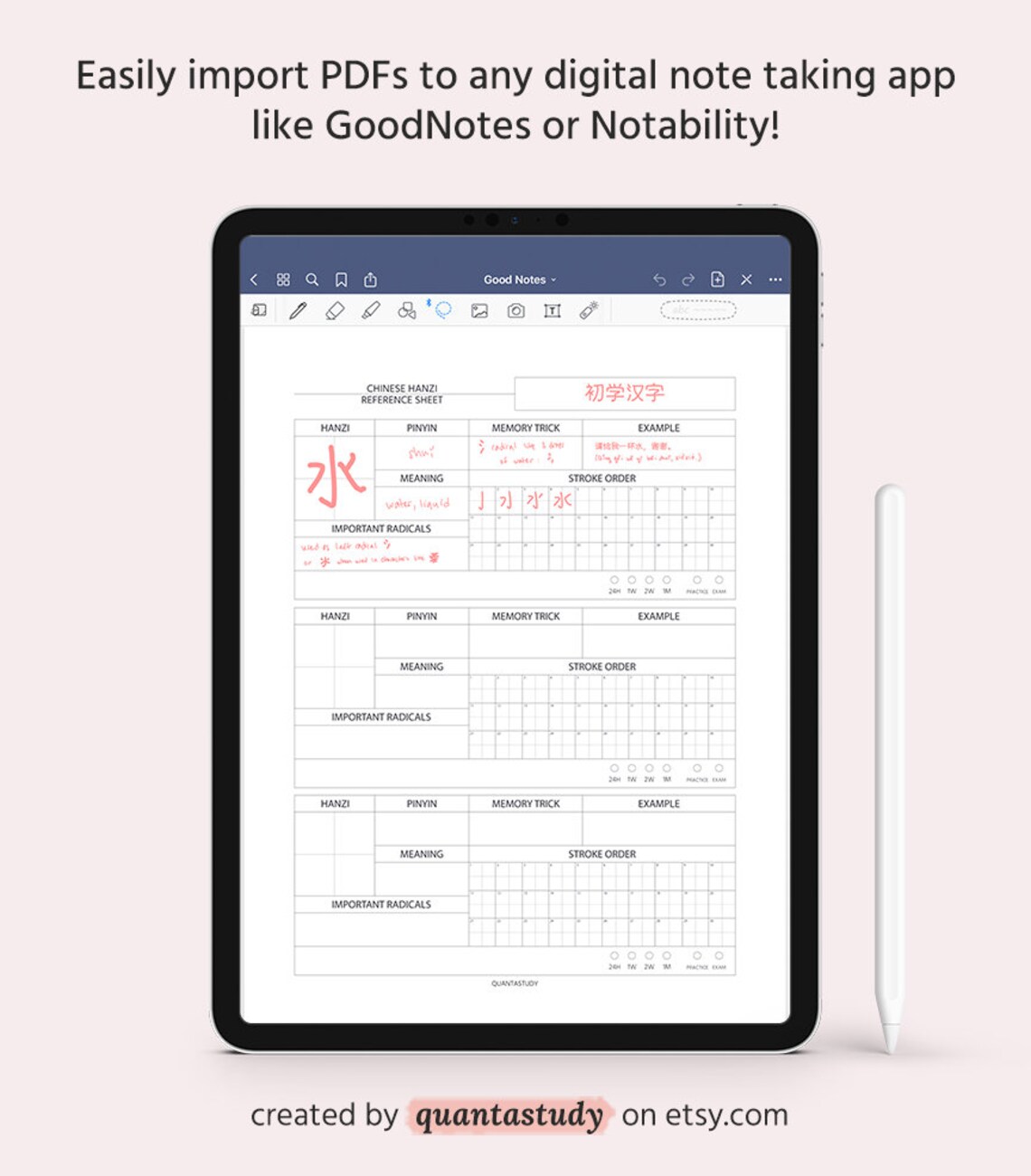 Chinese Hanzi Reference Paper Printable Worksheets Goodnotes - Etsy
