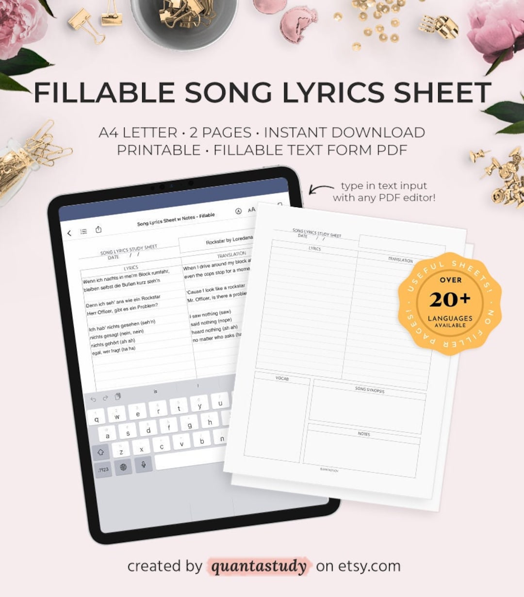 Fillable PDF Song Lyrics Language Learning Study Sheet Vocabulary ...