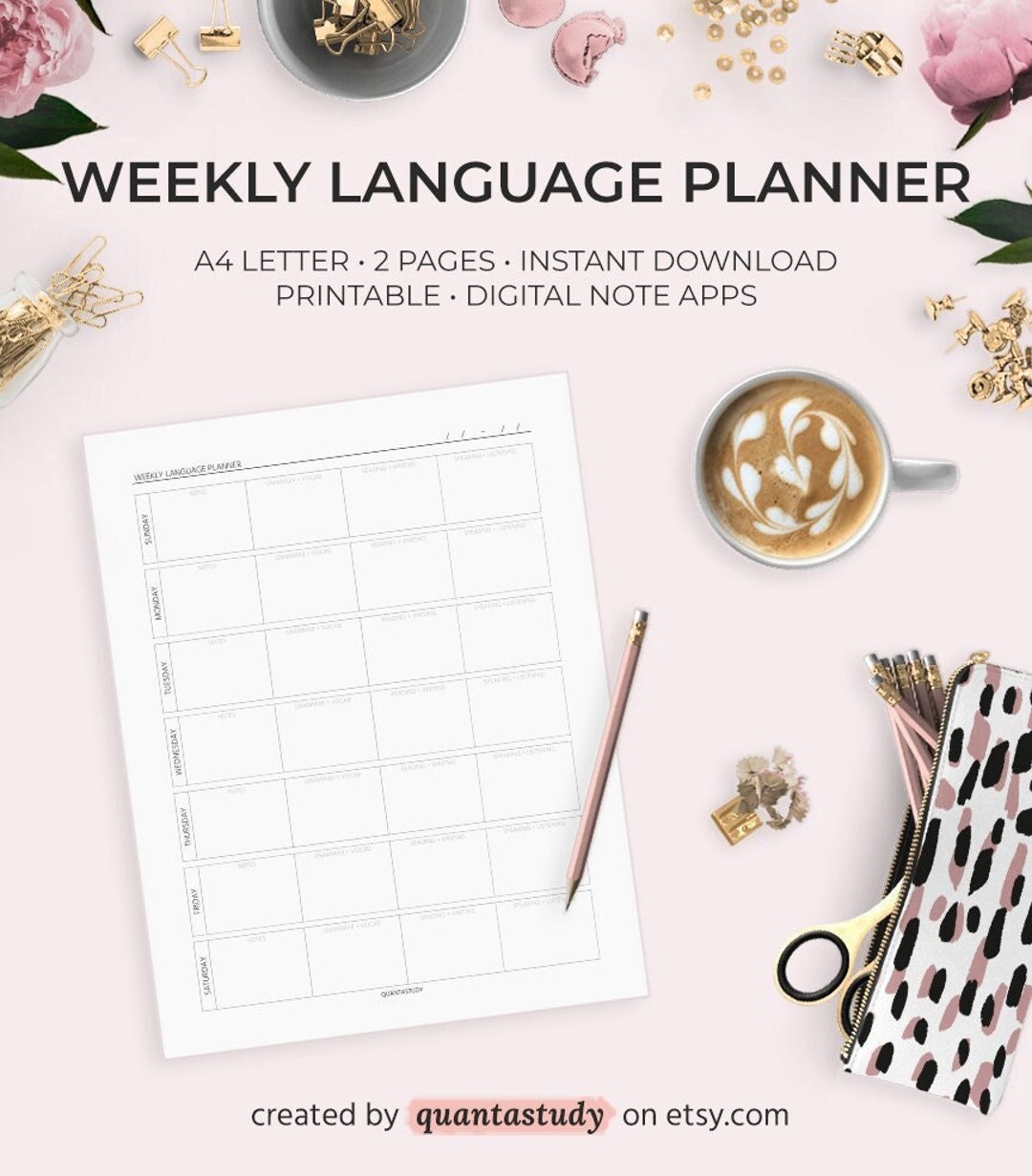 Weekly Language Learning Planner on One Page – Printable Digital ...