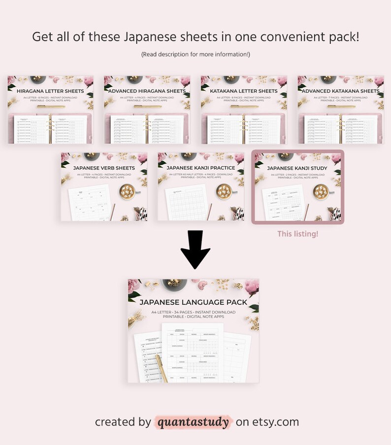 Japanese Kanji Reference Paper Printable Worksheets - Etsy
